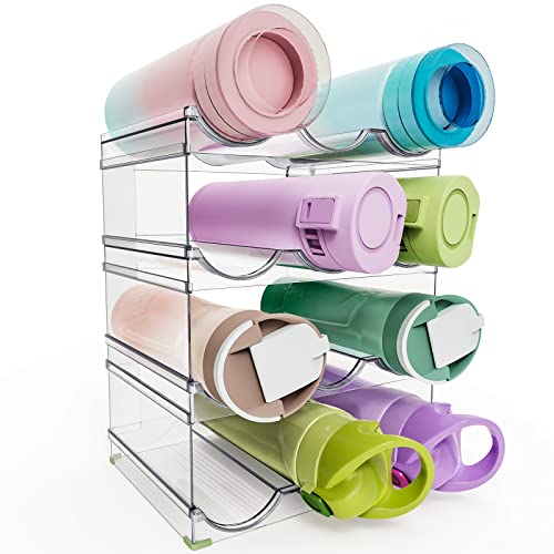 Criusia Water Bottle Organizer, Clear Stackable 3 Bottle Storage Holder Rack for Kitchen Cabinet, Countertop, Fridge, Pantry, Organizer and Storage, Tumbler Travel Mug Cup Organizer, 4 Pack 12 Bottles