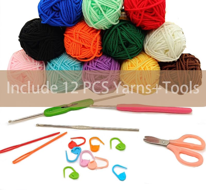 Crochet Kit for Beginners 12 Colors Acrylic Yarn Set with Crochet Hook Crochet Knitting Crafts Starter Pack for Adults and Kids(Yarn+Tool)