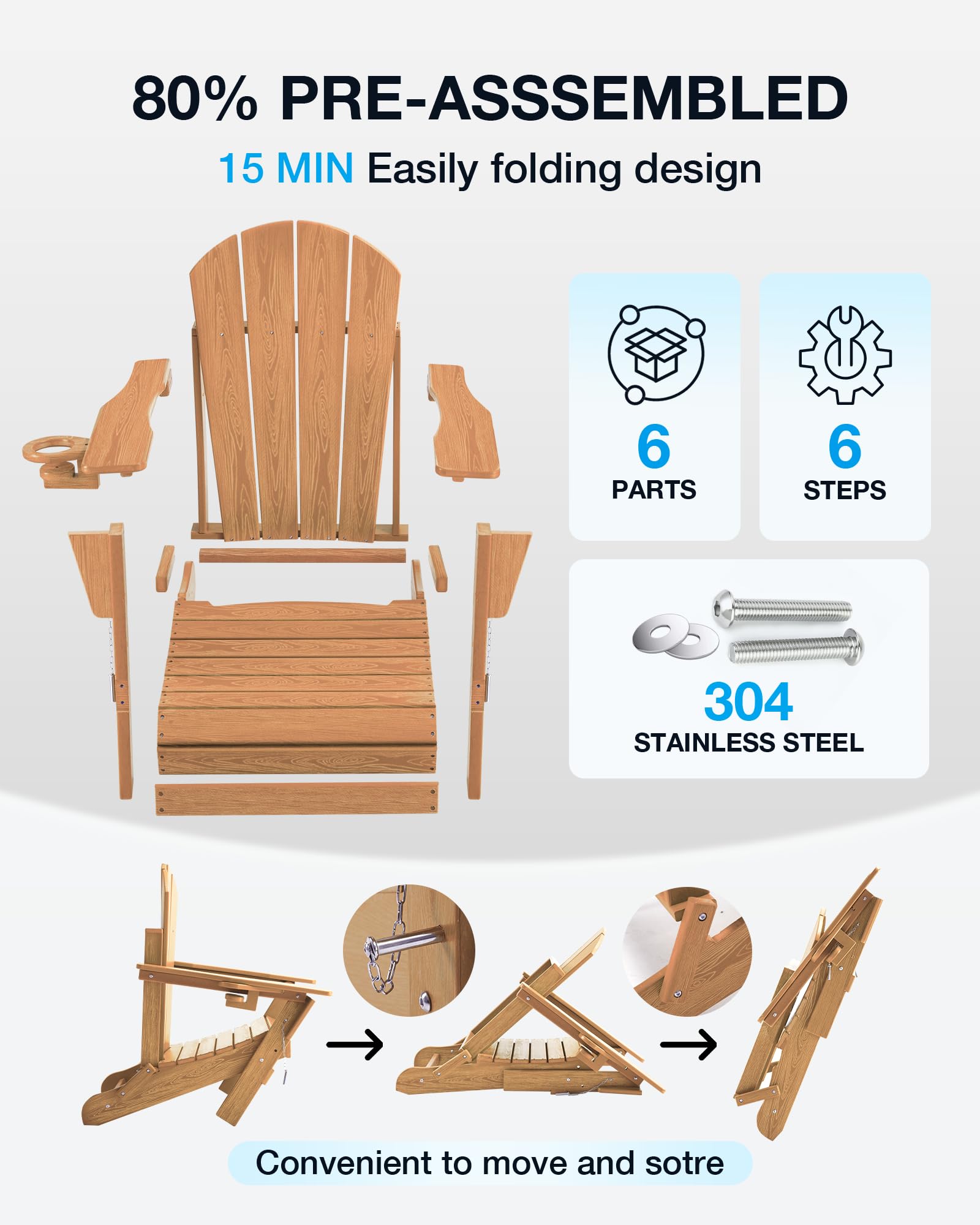 Serique Folding Adirondack Chair, Patio Chair Wood Texture, Outdoor Chair Weather Resistant, Lawn Chair with Cup Holder, Fire Pit Chair for Deck, Outdoor, Porch, Backyard, Garden (Teak)