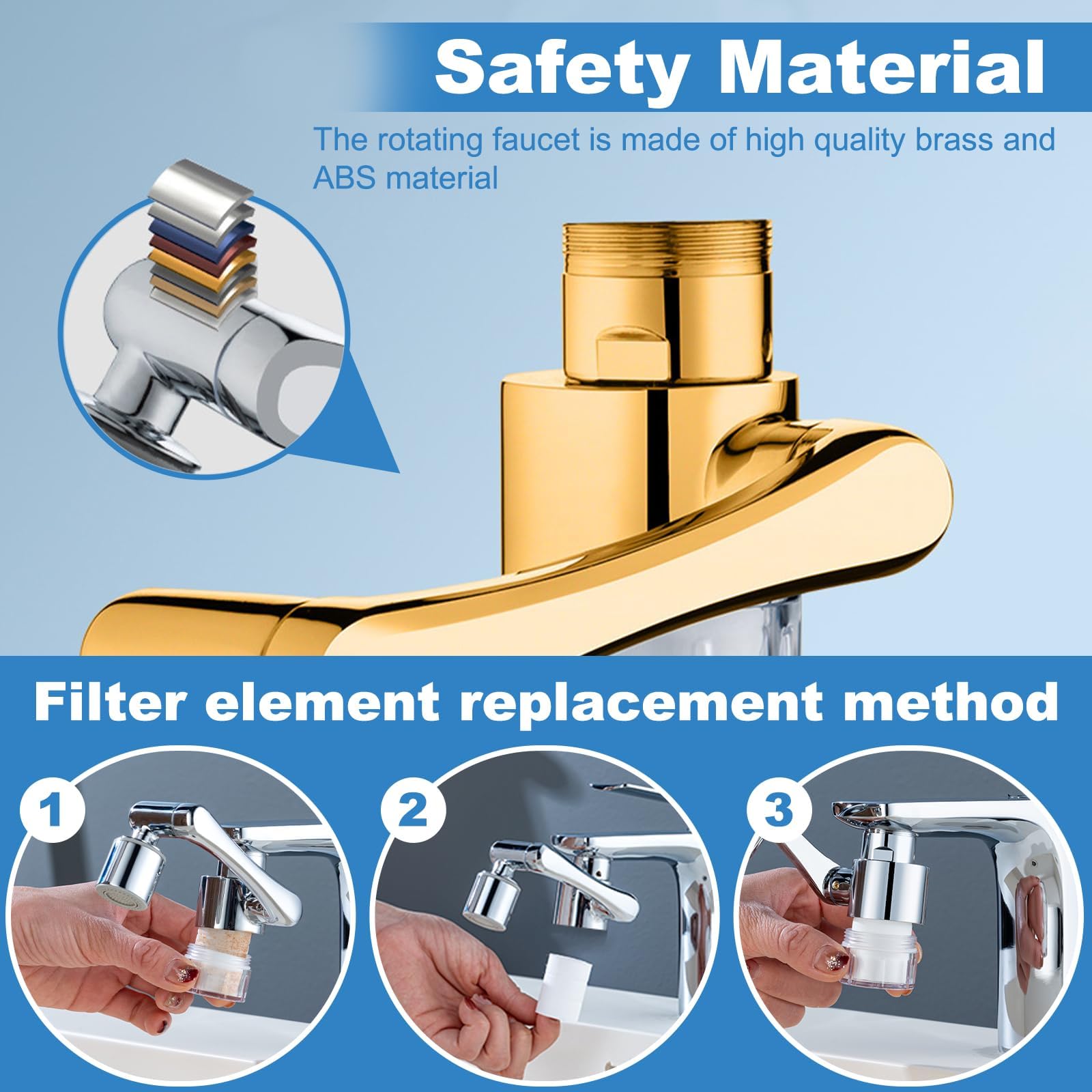 AVENHO 1080 Rotating Faucet Extender-8pcs Replace Water Filter, Splash Filter Sink, Brass Sink Faucet with 2 Water Outlet Modes for Kitchen/Bathroom Face/Washing Eye/Face