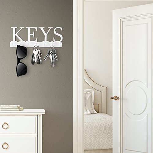 HLWDFLZ Key Holder for Wall - Wall Mounted Key Hangers with 7 Key Hooks, Wall Decorative Organizer Rack for Entryway Mudroom Front Door Kitchen Hallway Office 10 X 4 inches (White Keys)