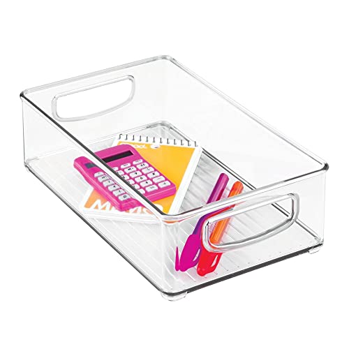 mDesign Small Plastic Office Storage Container Bins w/Handles for Organization in Filing Cabinet, Closet Shelf, Desk Drawers, Organizer for Notes, Pens, Pencils - Ligne Collection, 2 Pack - Clear