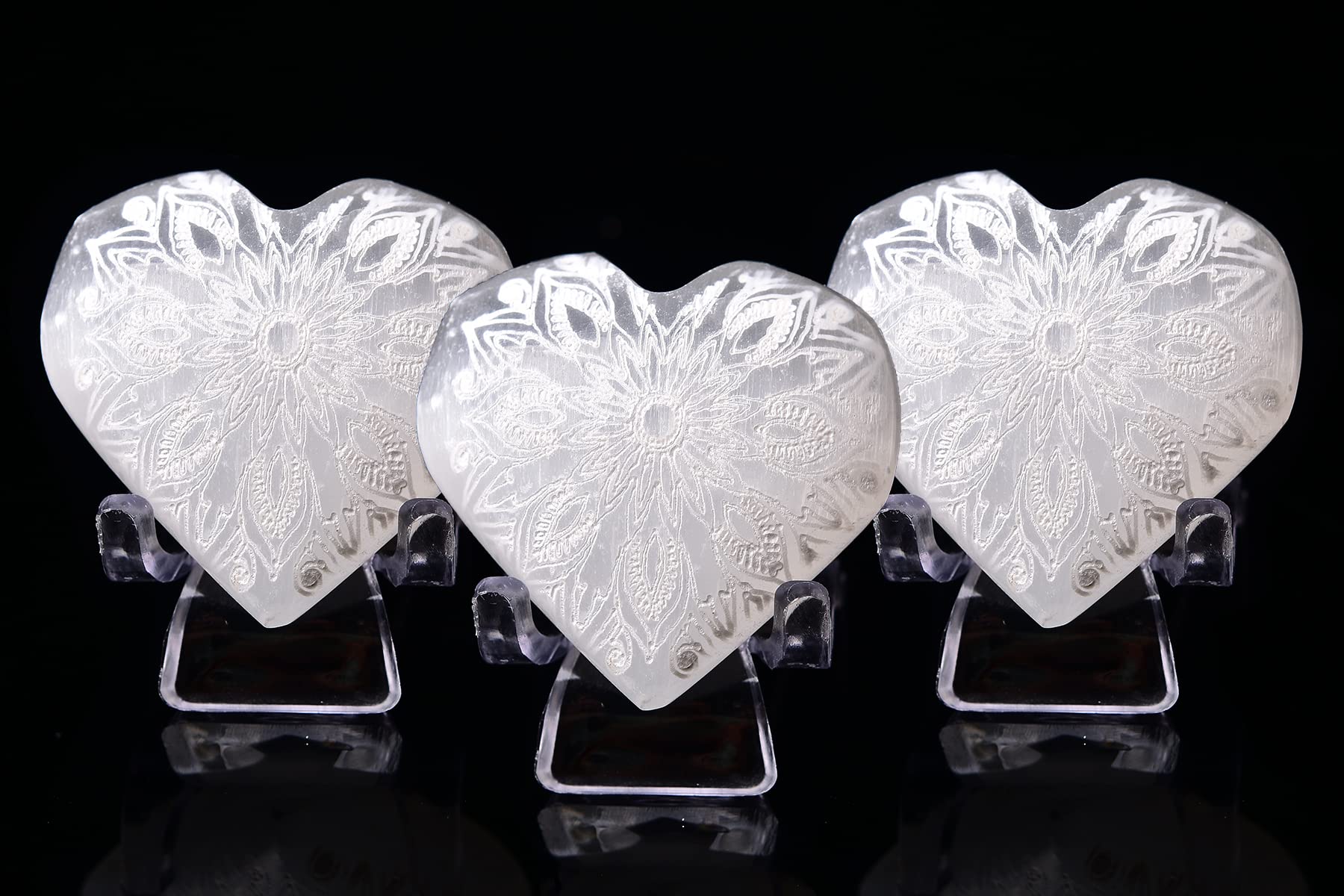 AMOYSTONE 3PCS Natural Selenite Heart Shape Etched Healing Crystal Engraved Pattern with Stand 1.5-2" for Home Decor