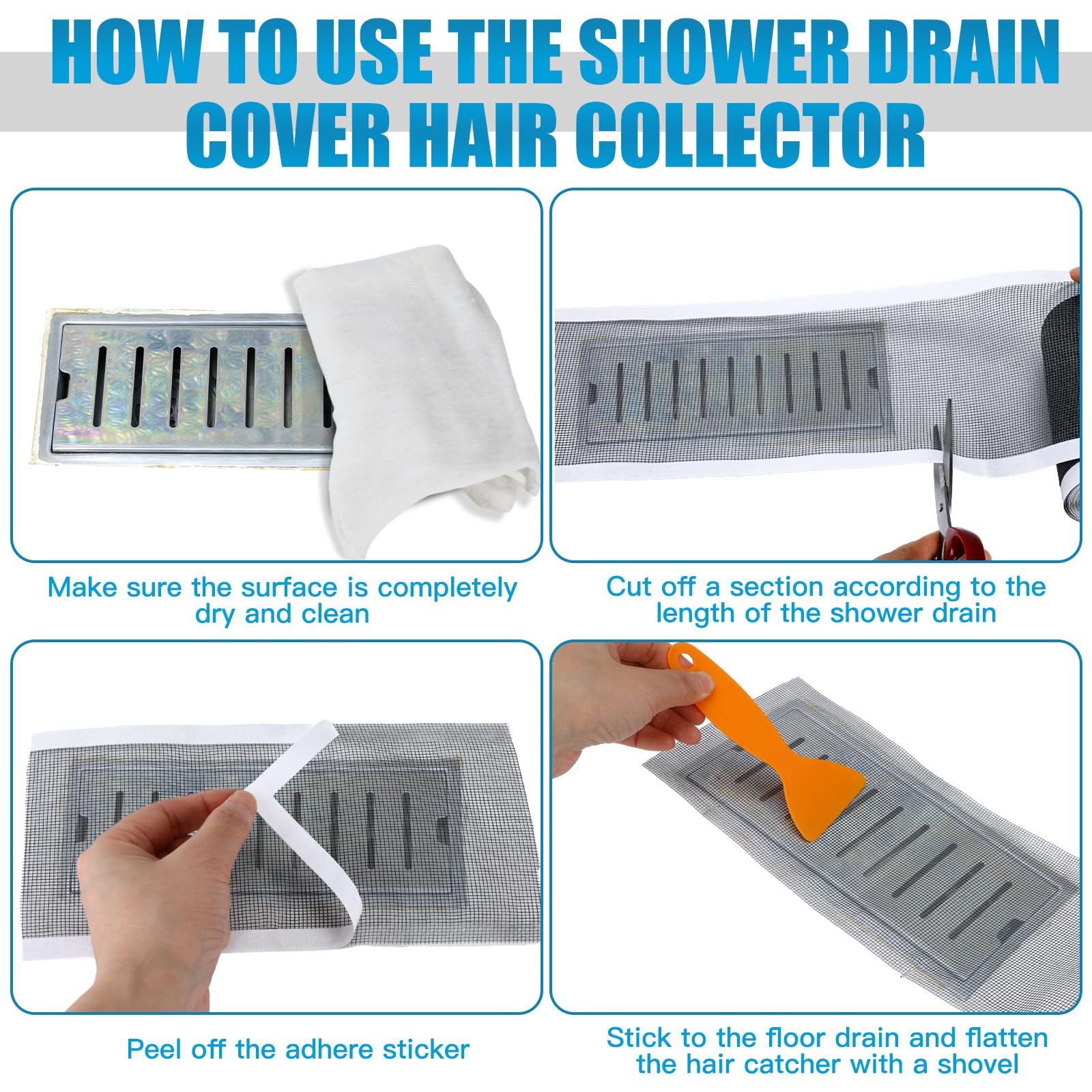 Leriton 4 Inch x 33 ft Disposable Shower Drain Hair Catcher Cutable Mesh Shower Drain Cover Stickers for Linear DIY Floor Drain Shower Drain Screen with Removal Tool for Bathroom Kitchen(1 Pack)