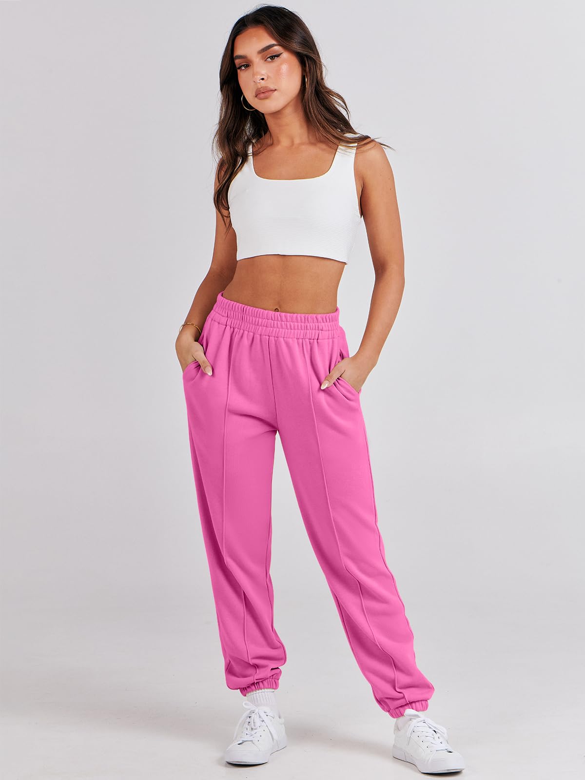ANRABESS Women's High Waist Sweatpants Workout Athletic Joggers Pants Baggy Lounge Cinch Bottoms with Pockets 2024 Fall Hot Pink X-Large