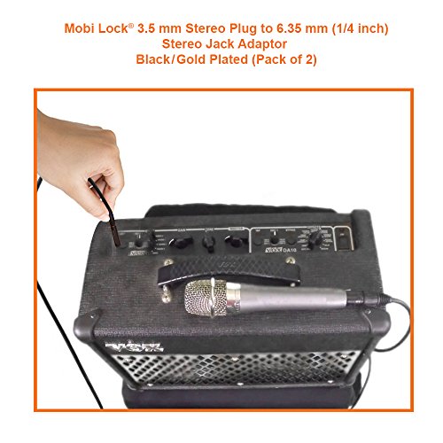 Mobi Lock 3.5mm Plug to 6.35mm Socket (Pack of 2) 1/8 to 1/4 inch Stereo Audio Jack Adapter | Connects Devices with 3.5mm Port to Your Amplifiers, Guitar, Piano, Speakers & Mic That use 6.35mm Port