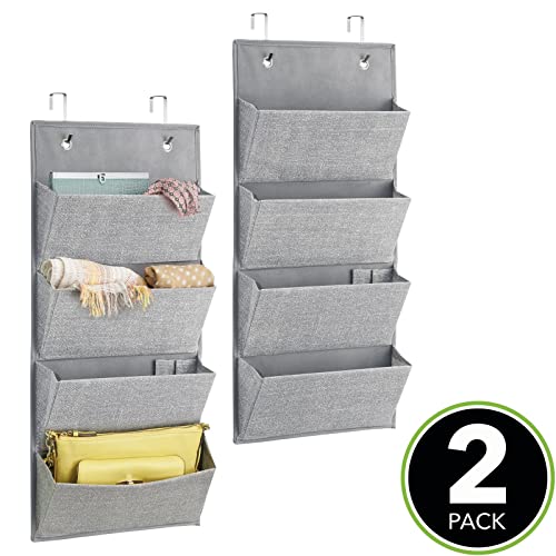 mDesign Soft Fabric Over The Door Hanging Storage Organizer with 4 Large Pockets for Closets in Bedrooms, Hallway, Entryway, Mudroom - Hooks Included - Textured Print, 2 Pack - Gray