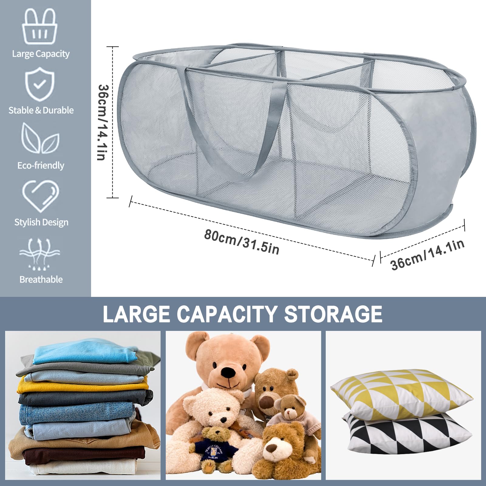 Simfree Laundry Baskets - Collapsible Laundry Baskets Popup Laundry Hamper, Pop-Up Mesh Laundry Hampers with 3 Compartments & Handles for Laundry, Bathroom, Kids Room, Dorm, Travel or Camping- Grey