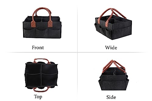Mysa Felt Baby Diaper Caddy Car Organizer with Vegan Leather Handle for Diapers and Baby Wipes For Changing Table Nursery Storage Bin Basket, Baby Shower Gift Suitable For Indoor Outdoor (BLACK)