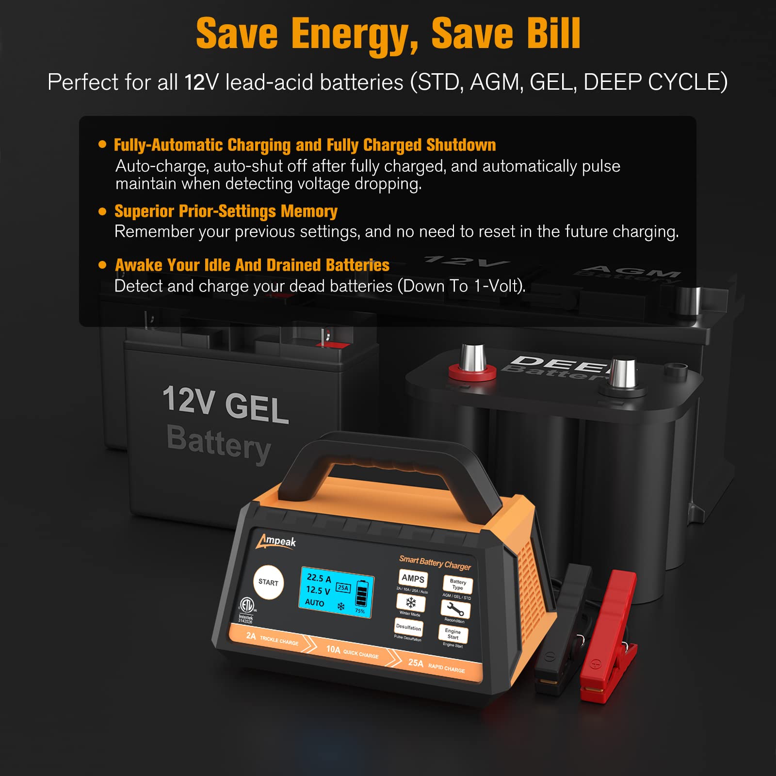 Ampeak 2/10/25 Amp Car Battery Charger, 12V Fully Automatic Smart Battery Maintainer with Engine Start, Battery Recondition, Auto Desulfator