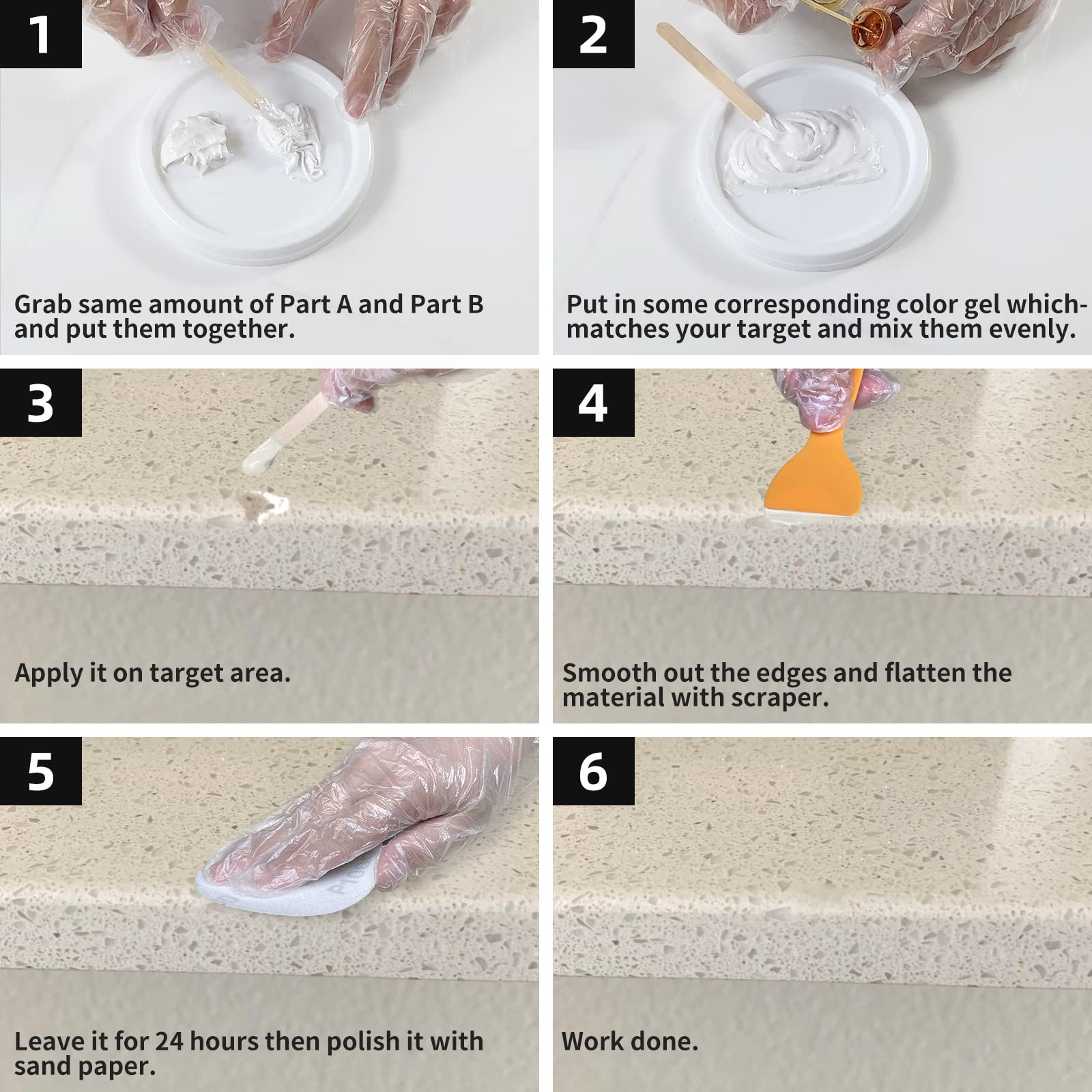 Globalcom Tile and Granite/Marble Repair Kit, Porcelain Stone and Quartz Countertops Repair Kit for Chips Dents Cracks Holes Scratchs, Fix Chipped Edges Corners, Reattaches Missing Pieces