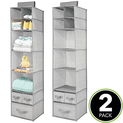 mDesign Soft Fabric Over Closet Rod Hanging Storage Organizer with 7 Shelves and 3 Removable Drawers for Child/Kids Room or Nursery - Herringbone Print, 2 Pack - Gray