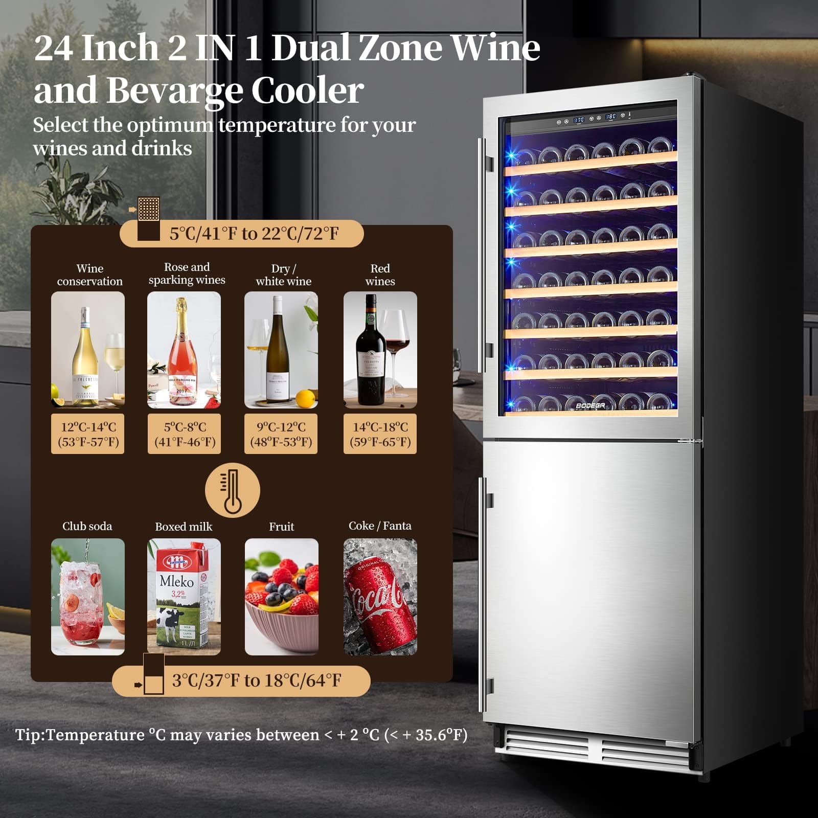 BODEGA Wine and Beverage Refrigerator, 24 Inch 2 IN 1 Dual Zone Wine Cooler,Built-in or Freestanding Beverage Cooler, Soft LED Light Hold 88 Bottles and 149 Cans, silvery