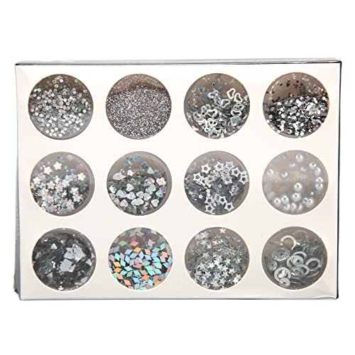 Nail Glitter Sequins, Decorations Craft Glitter Sequin Multiple Shapes Hand Made DIY 12 Grids for Homemade Cards(Silver)