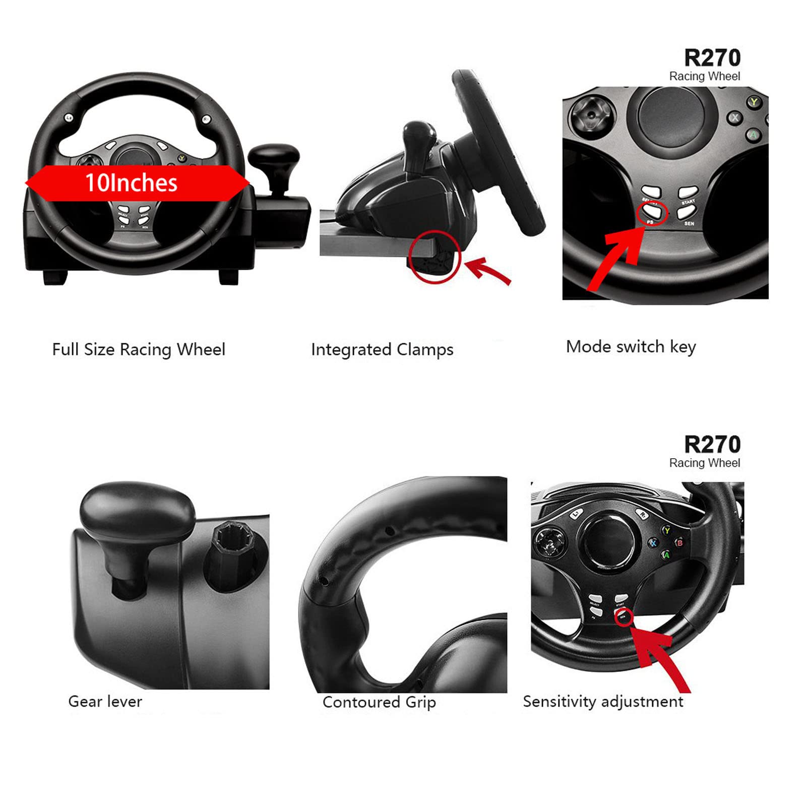 Asixxsix Racing Gaming Steering Wheel, 7 in 1 Universal USB Car Sim 270 Degrees Driving Simulator Steering Wheel with Linear Pedals Dual Mode Drive Pc Steering Wheel for Ps3 Ps4 Xbox One Switch