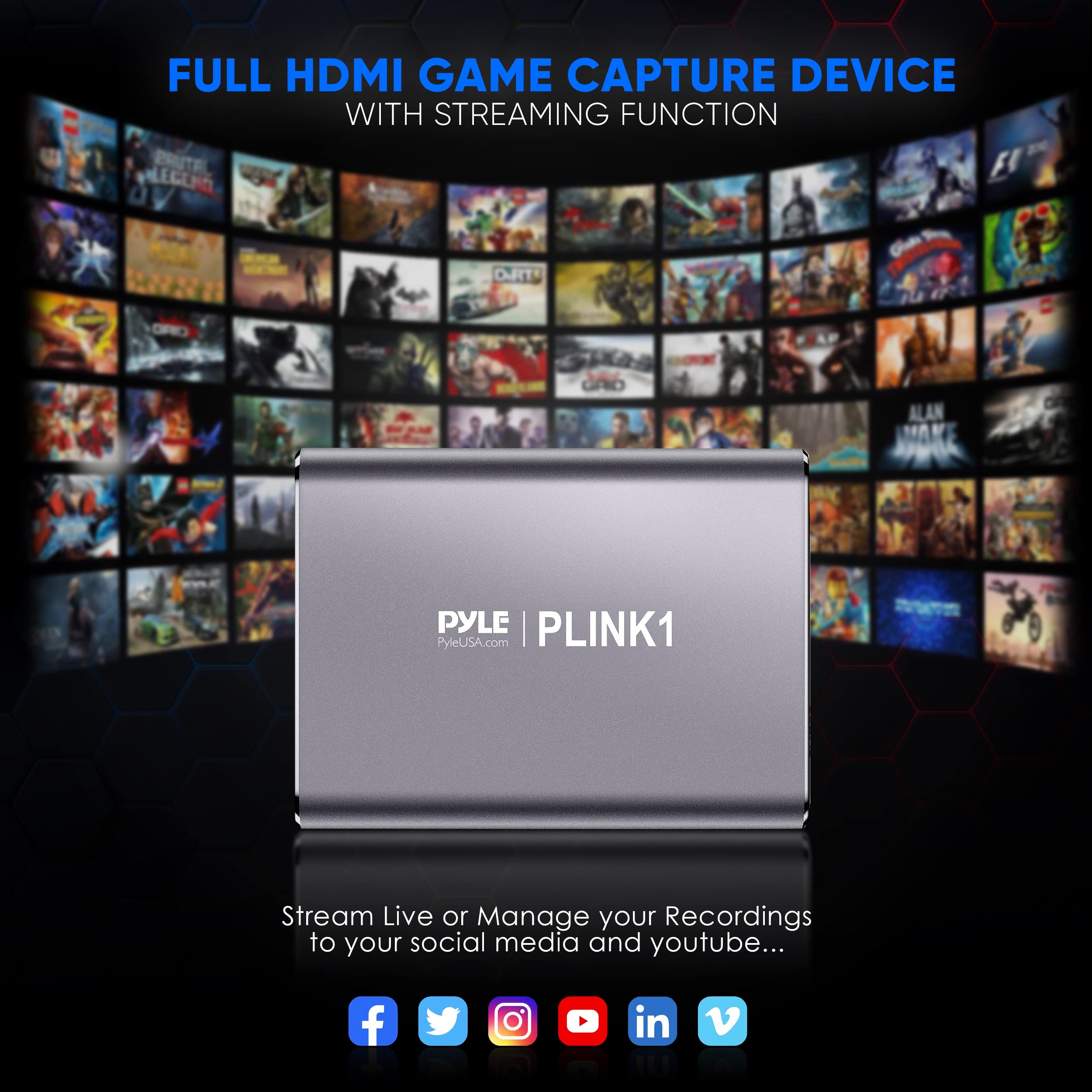PyleUsa Capture Card - Full HD 1080p 4K HDMI-to-USB Audio-Video Via DSLR Camcorder Action Cam, Ultra Low Latency, Record to Computer for Gaming, Streaming, Conference or Live Broadcasting - PLINK1
