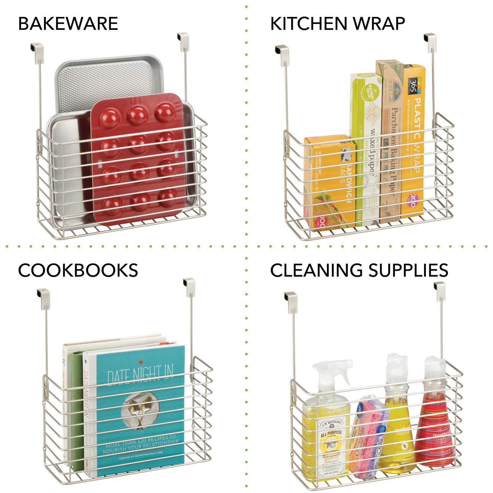 mDesign Metal Wire Kitchen Bakeware Organizer Basket - Hang Over Cabinet Door - Storage for Baking Sheets, Cupcake Tins, Cutting Boards, Foil, or Plastic Wrap - Concerto Collection - Matte Satin