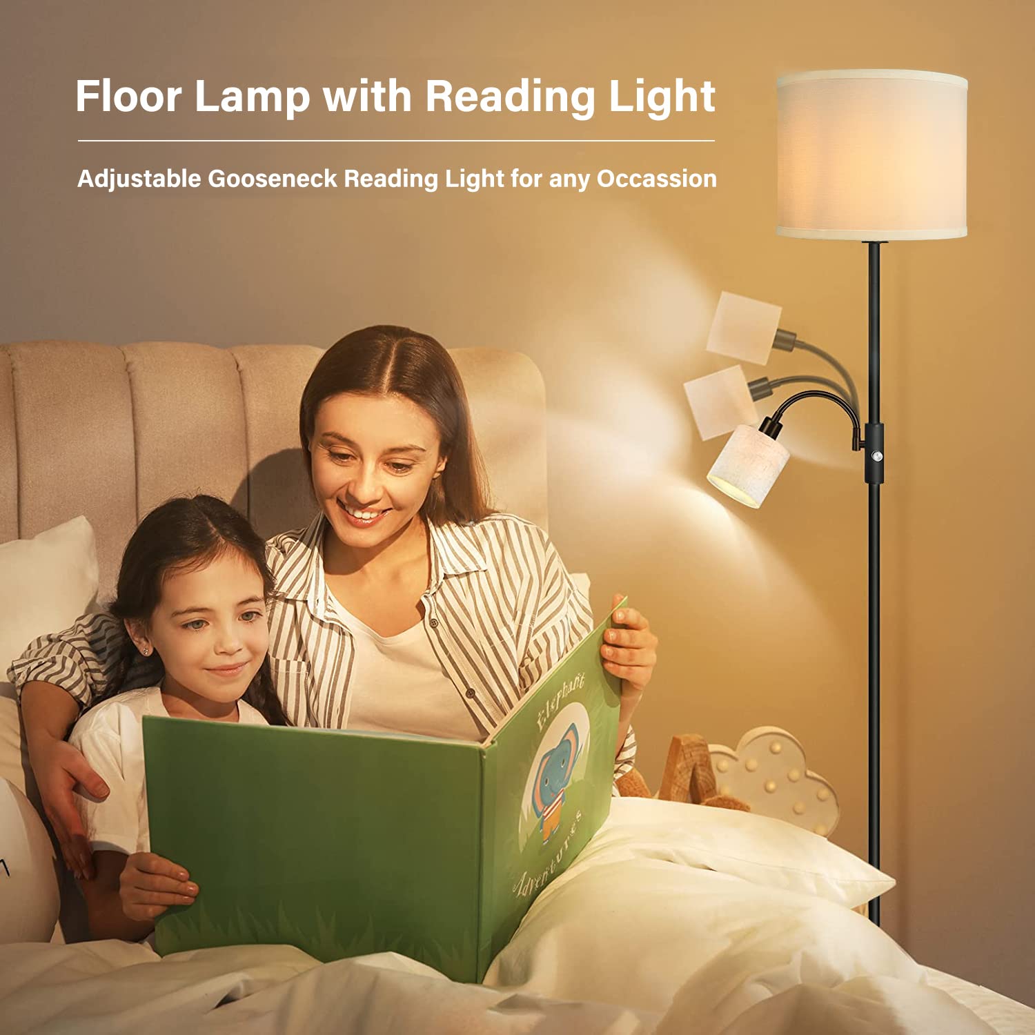 AUQUEE Floor Lamps for Living Room, Standing Tall Lamp with Reading Light, Black Bright Pole Lamp with 12W LED Bulb, 3-way Rotary Switch, Modern Corner Lamp for Bedroom Study Room for Christmas(White)
