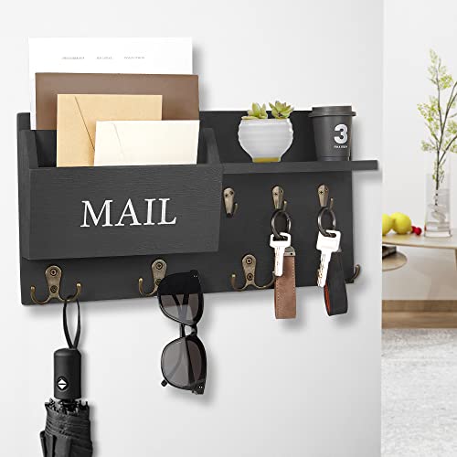 Heylor Key Holder for Wall, Mail and Key Hanger Wall Mount with Double Key Hook and Hat Coat Rack Shelf Decor,Key Organizer Suitable for Entryway, Hallway, Dog Leashes,House and Living Room, Black