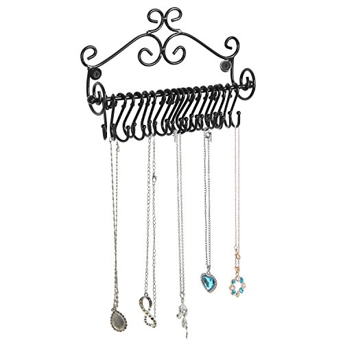 MyGift Jewelry Organizer - Wall Mounted Black Metal Scrollwork Design Necklace Holder Jewelry Display Storage Rack with 20 Hanging S-Hooks