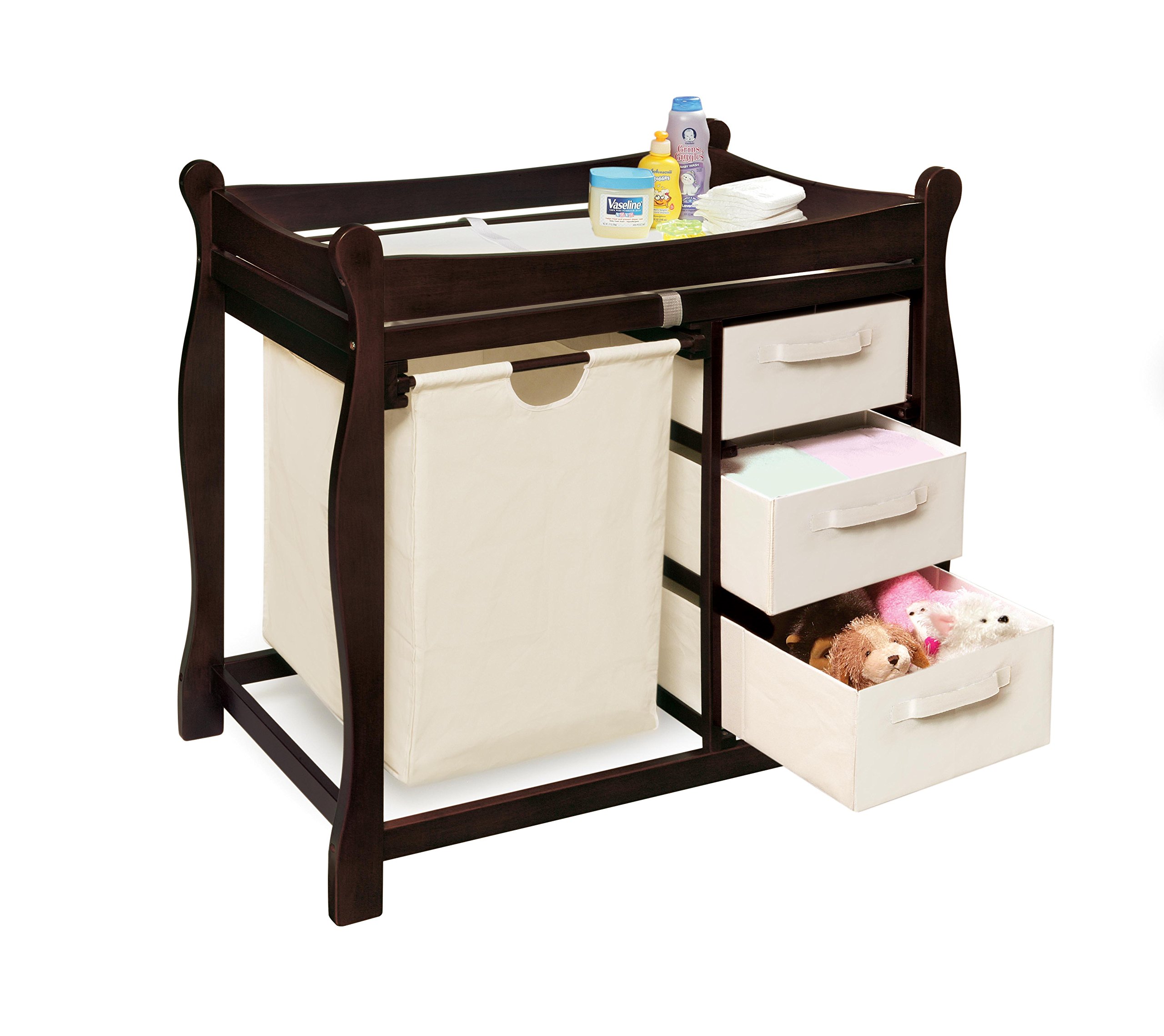 Sleigh Style Baby Changing Table with Laundry Hamper and 3 Storage Baskets