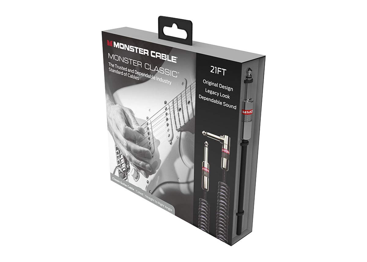 Monster Prolink Classic Instrument Guitar Cable - 21 ft Straight to Right Angle Instrument Cable. All Metal & Duraflex Outer Jacket. 90% Copper Braided Shield Monster Coiled Black Instrument Cable