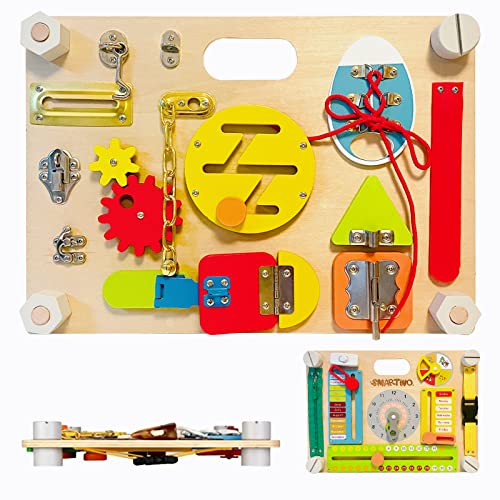 Smartwo Double-Sided Busy Board, 20+ Montessori Activities Wooden Sensory Toy for Preschool Educational Learning, Train Kidโs Fine Motor, Concentration, and Life Skill Abilities