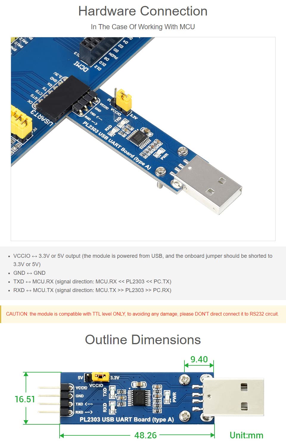 Waveshare PL2303 USB to UART (TTL) Communication Module V2 USB-A Connector Compatible with 1.8V/2.5V/3.3V/5V Logic Level Supports Windows XP/7/8/10/11/
