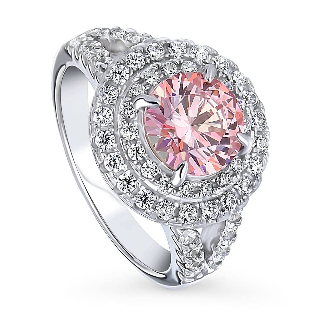 BERRICLE Sterling Silver Halo Morganite Color Round Cubic Zirconia CZ Statement Cocktail Fashion Split Shank Ring for Women, Rhodium Plated Size 8
