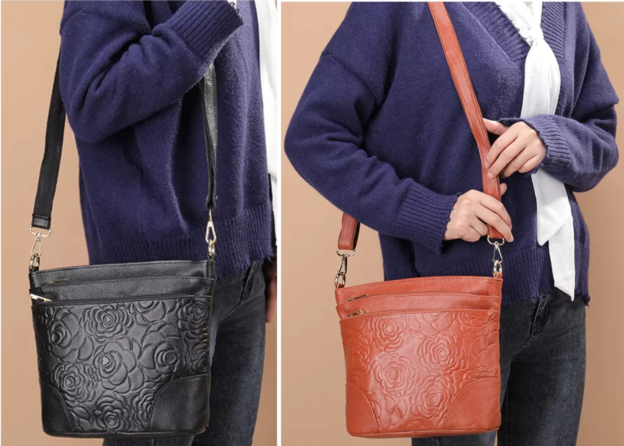 Aslana Floral-Embossed Genuine Leather Shoulder Crossbody Bag Handbag for Women (Floral-Embossed Black)