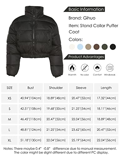 Gihuo Womens Cropped Quilted Puffer Jacket Lightweight Padded Coat Warm Puffy Coat Zip UP Bubble Coats with Pockets(Black-S)