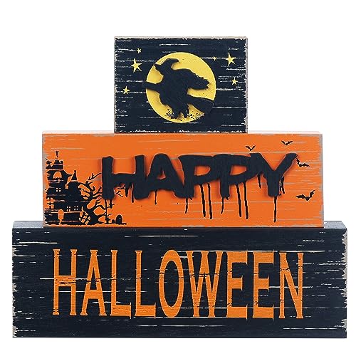 Halloween Decorations Indoor, DECSPAS 3-Layered Witch Wooden Block Halloween Decor, Orange Black HAPPY HALLOWEEN Sign Hocus Pocus Decorations for Home, Gothic Decor for Halloween Party Decorations