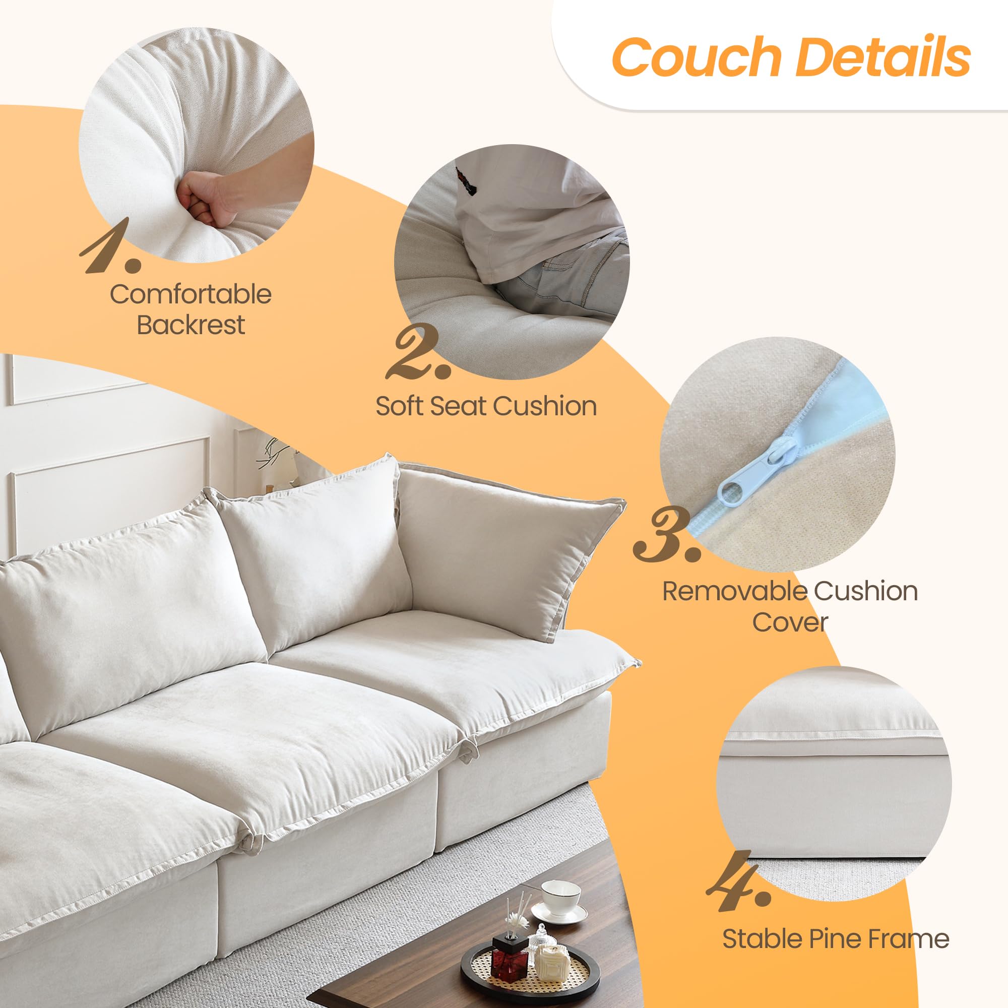 JACH 122.82" Cloud Modular Sectional Sofa for Living Room 3 Seats, Comfy Convertible Sectional Sofas Couches, Cushion Covers Removable, Two Corners and One Middle Sofa for Living Room (Beige)