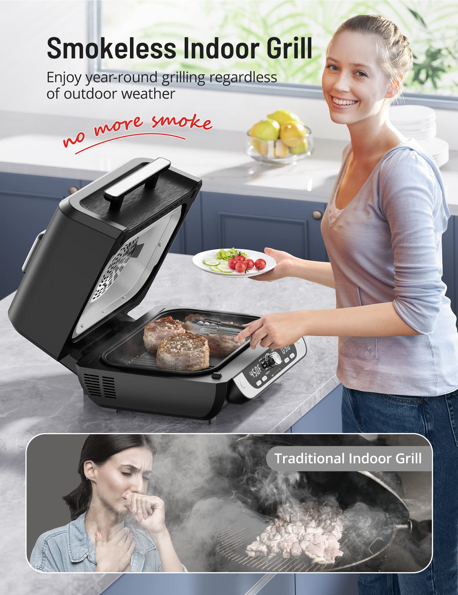 Indoor Grill and Air Fryer Combo, Paris Rhône Electric Indoor Grill Smokeless, 12-in-1 for Grill, Griddle, Slow Cook, Broil, Bake, Crisp, Roast, Dehydrate, Dual Heating Elements, Easy Knob Control