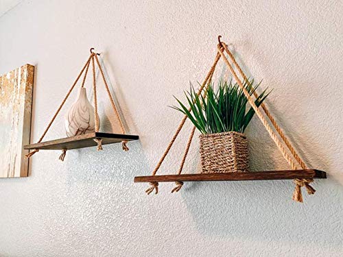 Mkono Hanging Shelves Boho Wall Decor Set of 2 Rustic Wood Floating Shelf with Rope Photo Plants Display Room Decor Aesthetic for Bedroom Bathroom Home Office College Dorm