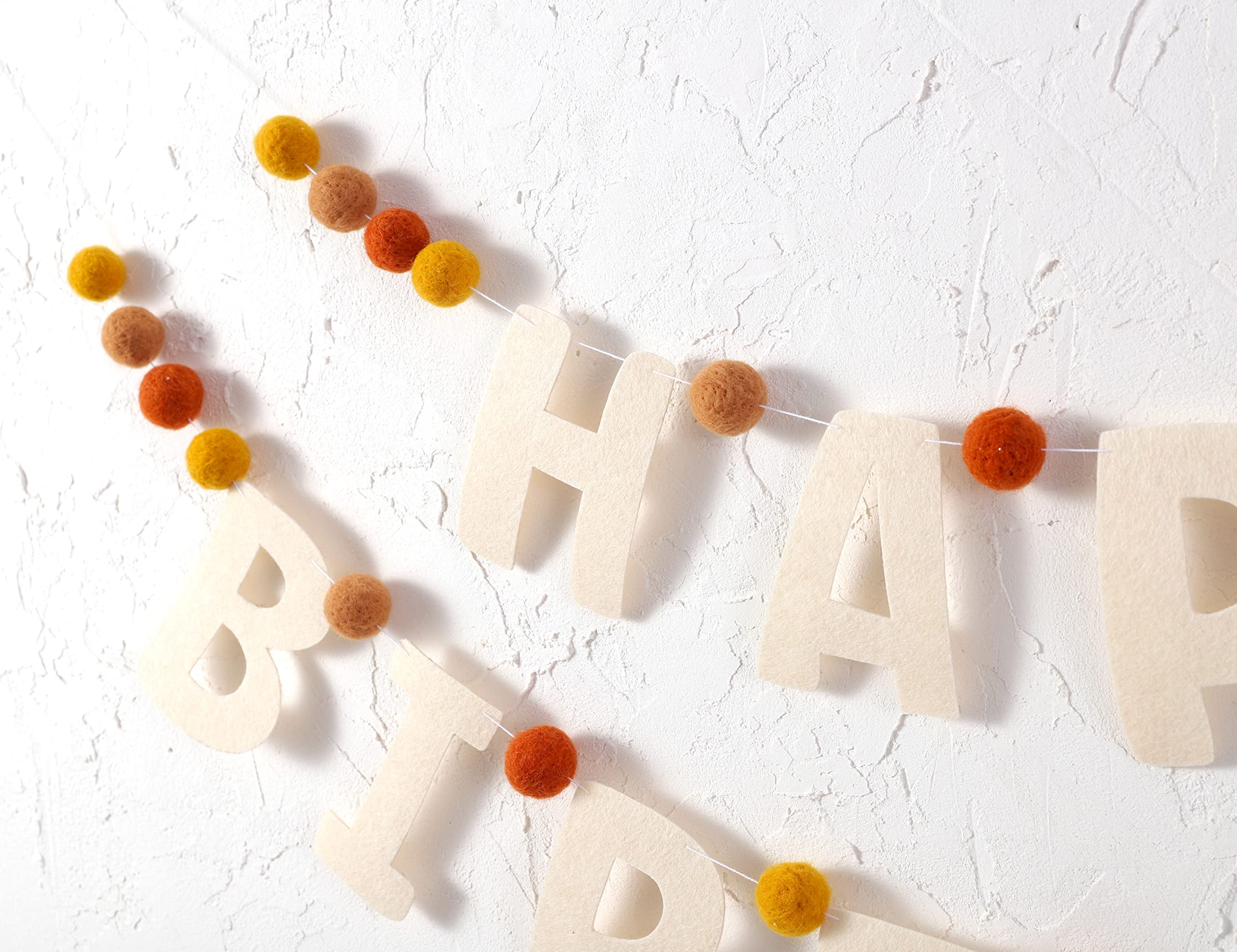 Boho Felt Happy Birthday Garland - Natural Handmade Wool Letters & Balls, Boho Birthday Decoration, Decorations for Children's Birthday Parties, Assembled Happy Birthday Banner