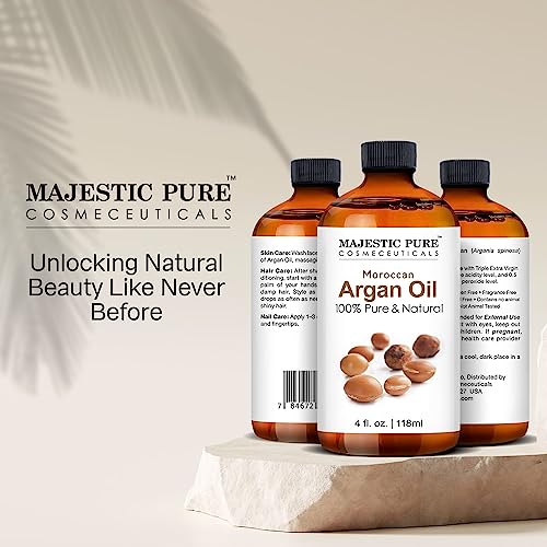 Majestic Pure Moroccan Argan Essential Oil | 100% Pure and Natural Argan Oil | Premium Grade Essential Oils for Hair Care, Home Diffusers, Skin, Aromatherapy, Massage and Humidifiers | 4 Fl Oz