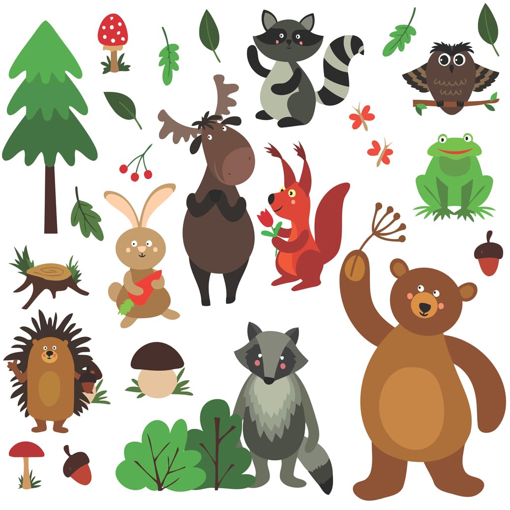DEKOSH Colorful Animal Wall Decals for Baby Nursery Decor - Kids Sticker Set Contains Large Tree Beer Fox Deer Owl Wall Stickers for Playroom, Nursery, Kids Bedroom Decoration