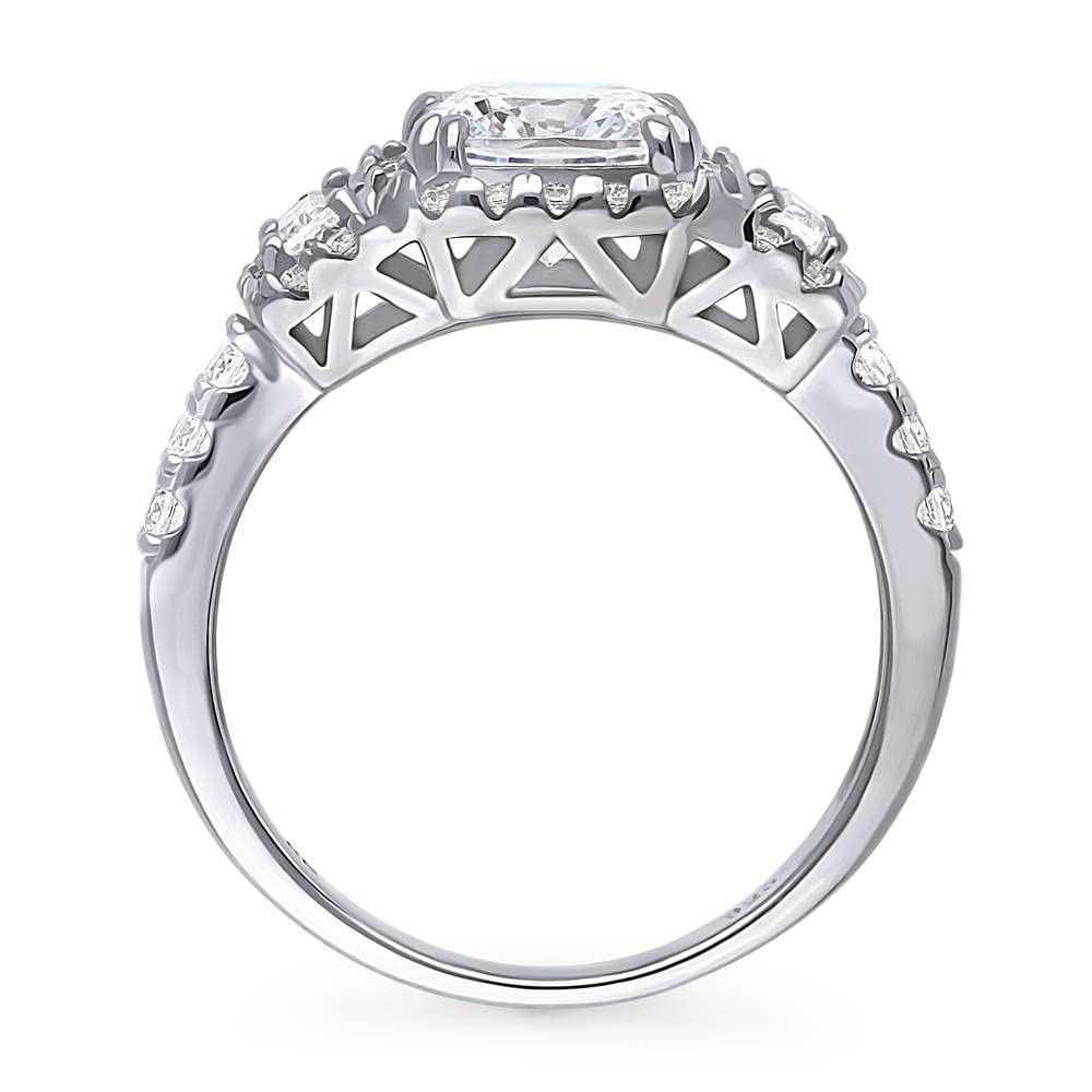 BERRICLE Sterling Silver 3-Stone Wedding Engagement Rings Cushion Cut Cubic Zirconia CZ Halo Ring for Women, Rhodium Plated Size 8