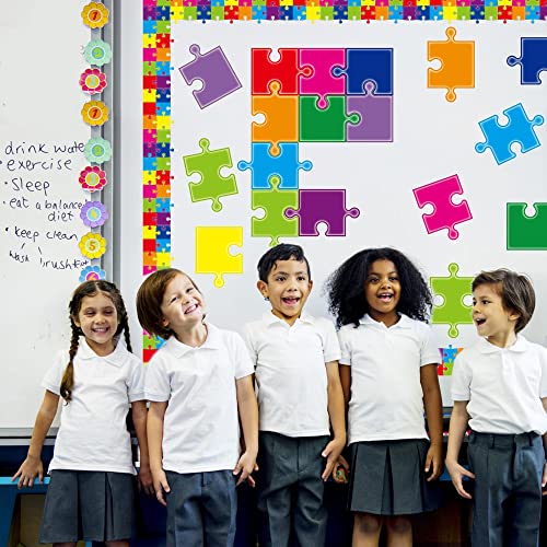 G1ngtar 70Pcs Puzzle Pieces Cutouts Christian Bulletin Board Decoration Set Welcome Back to School Jigsaw Puzzle Straight Border Trim Religious Supplies Sunday School Decors for Classroom Kindergarten