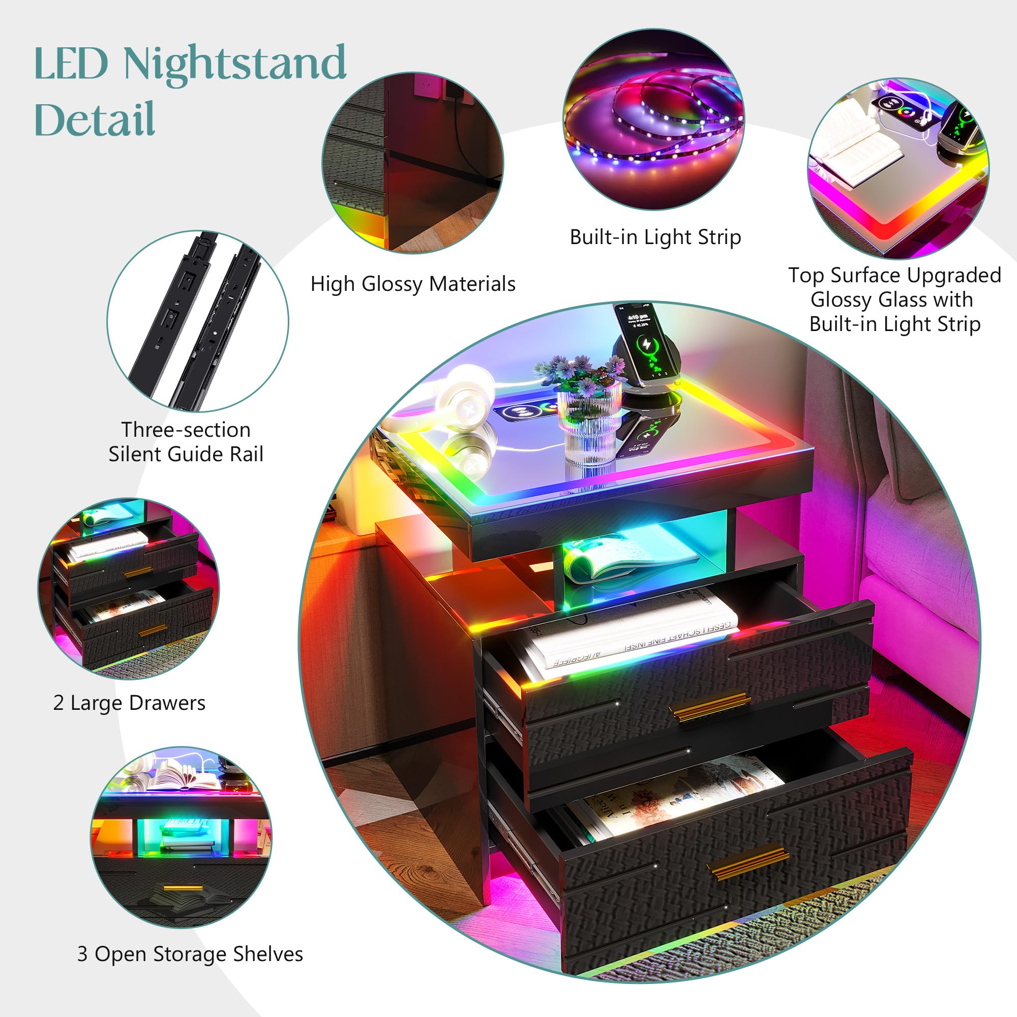 vkcc NightStand with LED Lights and Charging Station, Smart Night Stand with Auto Human Sensor, End Table with 2 Drawers, High Glossy Bedside Table for Bedroom Dorm, Black