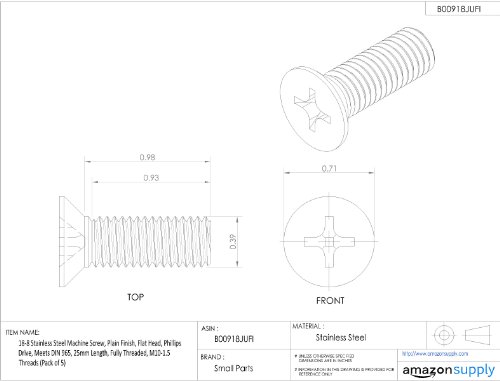 Small Parts 18-8 Stainless Steel Machine Screw, Plain Finish, Flat Head, Phillips Drive, Meets DIN 965, 80mm Length, Fully Threaded, M6-1 Metric Coarse Threads (Pack of 5)