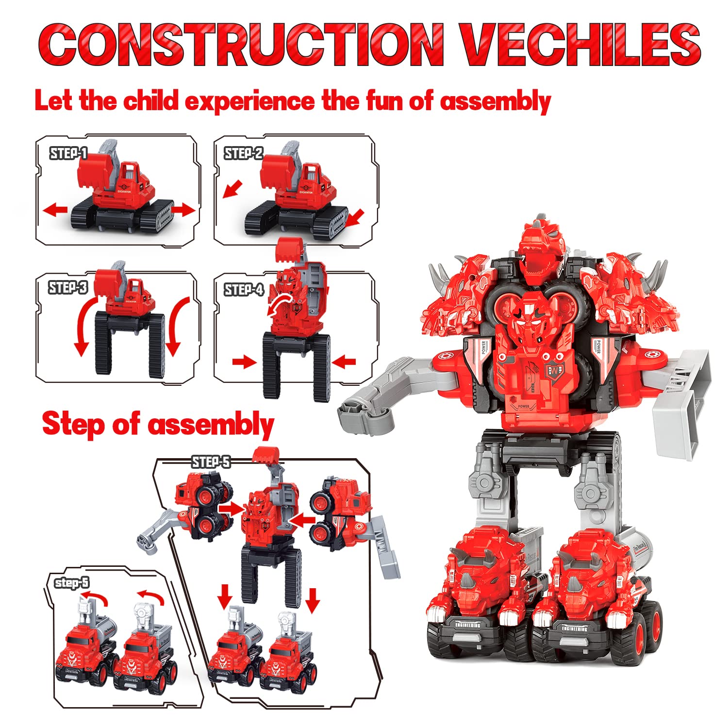 Asoxt Fire Fun for Little Firemen: Toddler Robot Fire Trucks, Transforming Robots STEM Toys,Easy DIY Assembly Function,5 in 1 Educational Toys