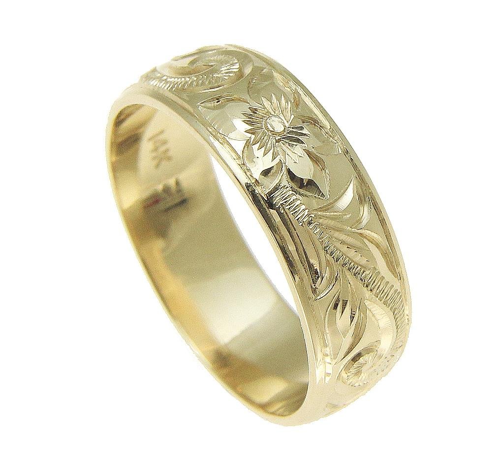 Arthur's Jewelry 14K yellow gold hand engraved Hawaiian plumeria scroll band ring smooth edge 6mm size 7