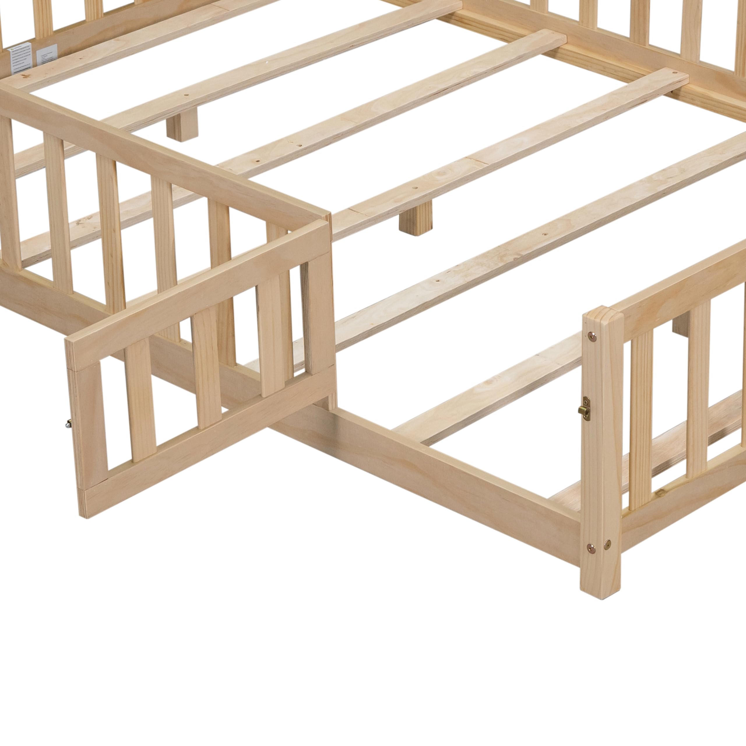 Harper & Bright Designs Floor Bed Full Size Montessori Bed Frame with Fence and Door, Wooden Full Platform Bed for Kids, Boys Girls, Slats Included, No Box Spring Needed, Natural