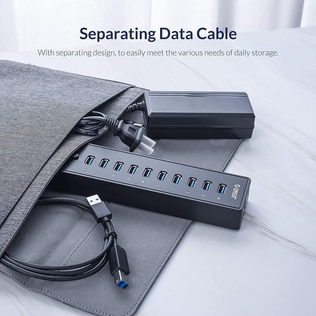 ORICO Powered USB Hub, 10 Ports 36W USB 3.0 Data Hub with 12V/3A Power Adapter for Computer, PC, Laptop, Mobile HDD, Flash Drive and More