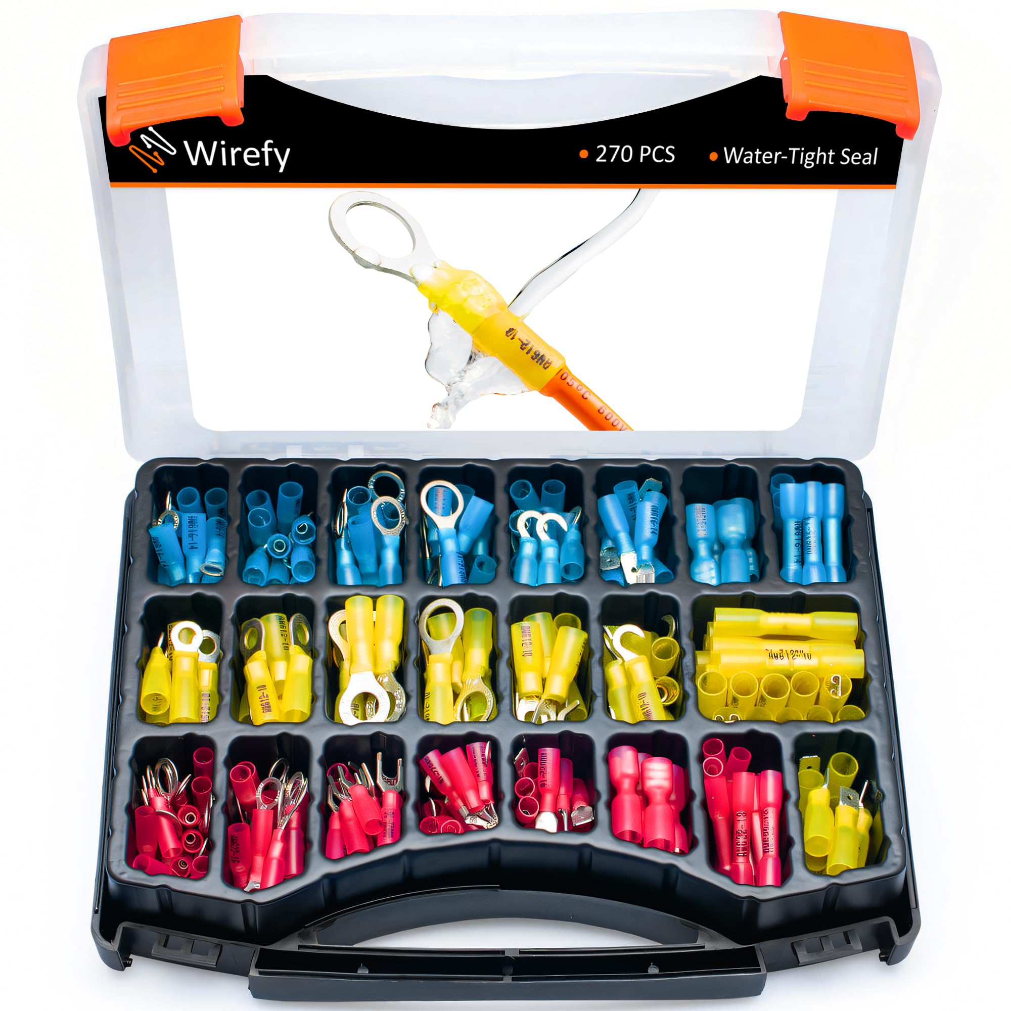 Wirefy Heat Shrink Wire Connectors Kit - a Resistant Electrical Connectors - Automotive Butt Connectors - Insulated Ring, Spade, Fork, Hook Crimp Terminals - 22-10 Gauge - 270 PCS