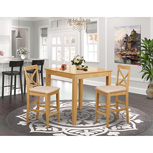 East West Furniture PUBS3-OAK-C 3 Piece Kitchen Counter Set for Small Spaces Contains a Square Table and 2 Linen Fabric Dining Room Chairs, 36x36 Inch