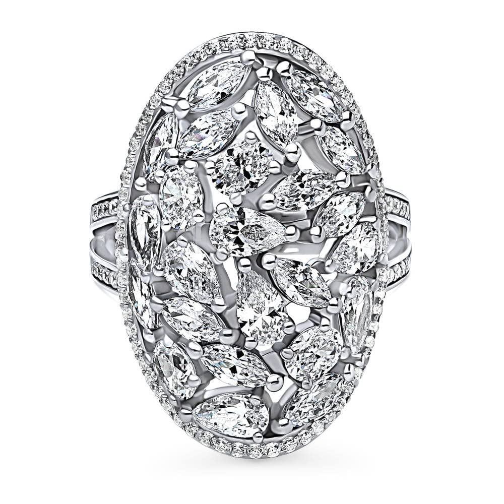 BERRICLE Sterling Silver Cluster Cubic Zirconia CZ Statement Cocktail Fashion Split Shank Ring for Women, Rhodium Plated Size 5