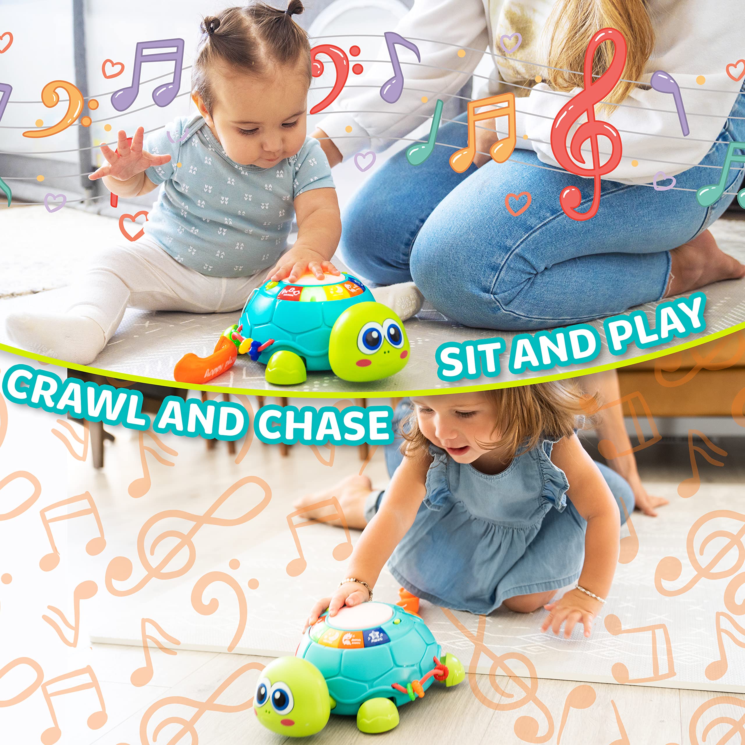 Baby Musical Turtle Toy - Crawling Toy for 6+ Month Babies - Great for Tummy Time - Develop Motor Coordination, Fine Finger Skills, and Cognitive Abilities - Lights Up and Plays Music